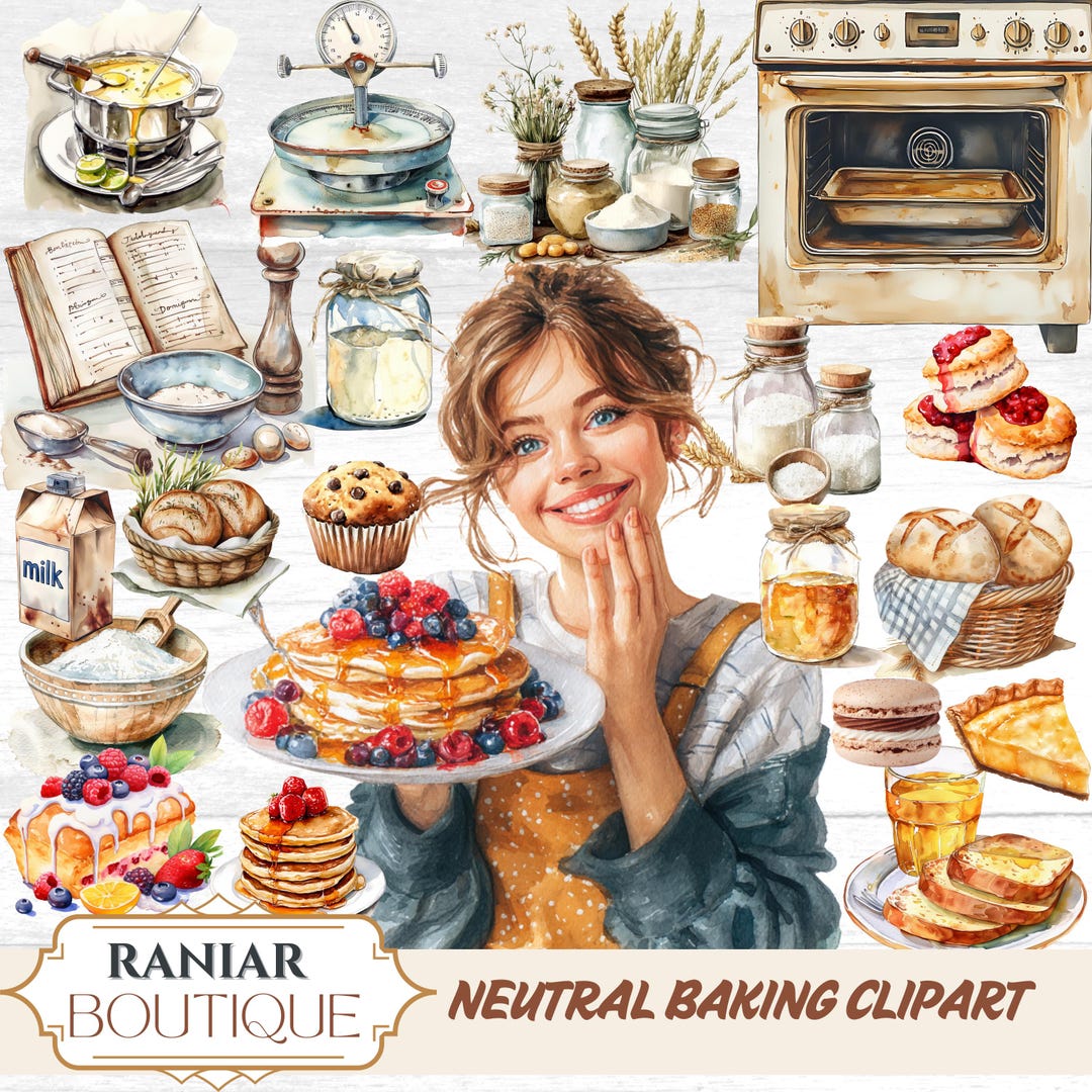 Neutral Baking Clipart Bundle: Watercolor Kitchen Art (digital Download ...