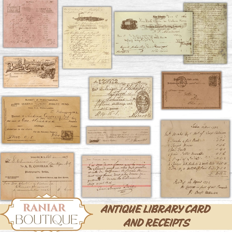 Printable Antique Library Card & Vintage Receipt Ephemera: Junk Journal ...