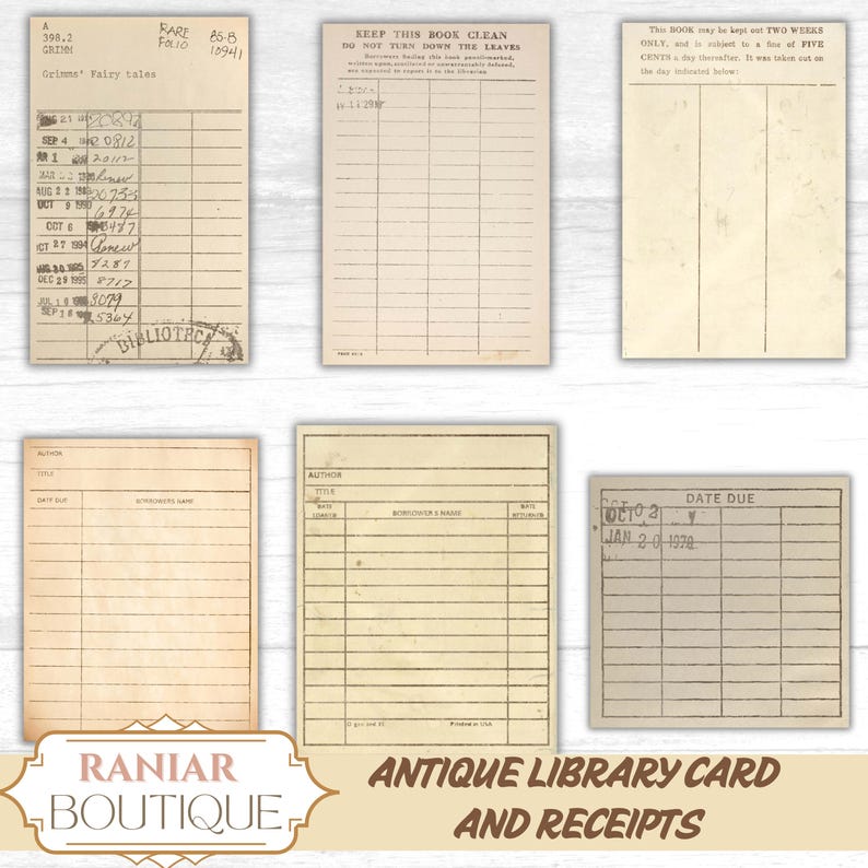 Printable Antique Library Card & Vintage Receipt Ephemera: Junk Journal ...