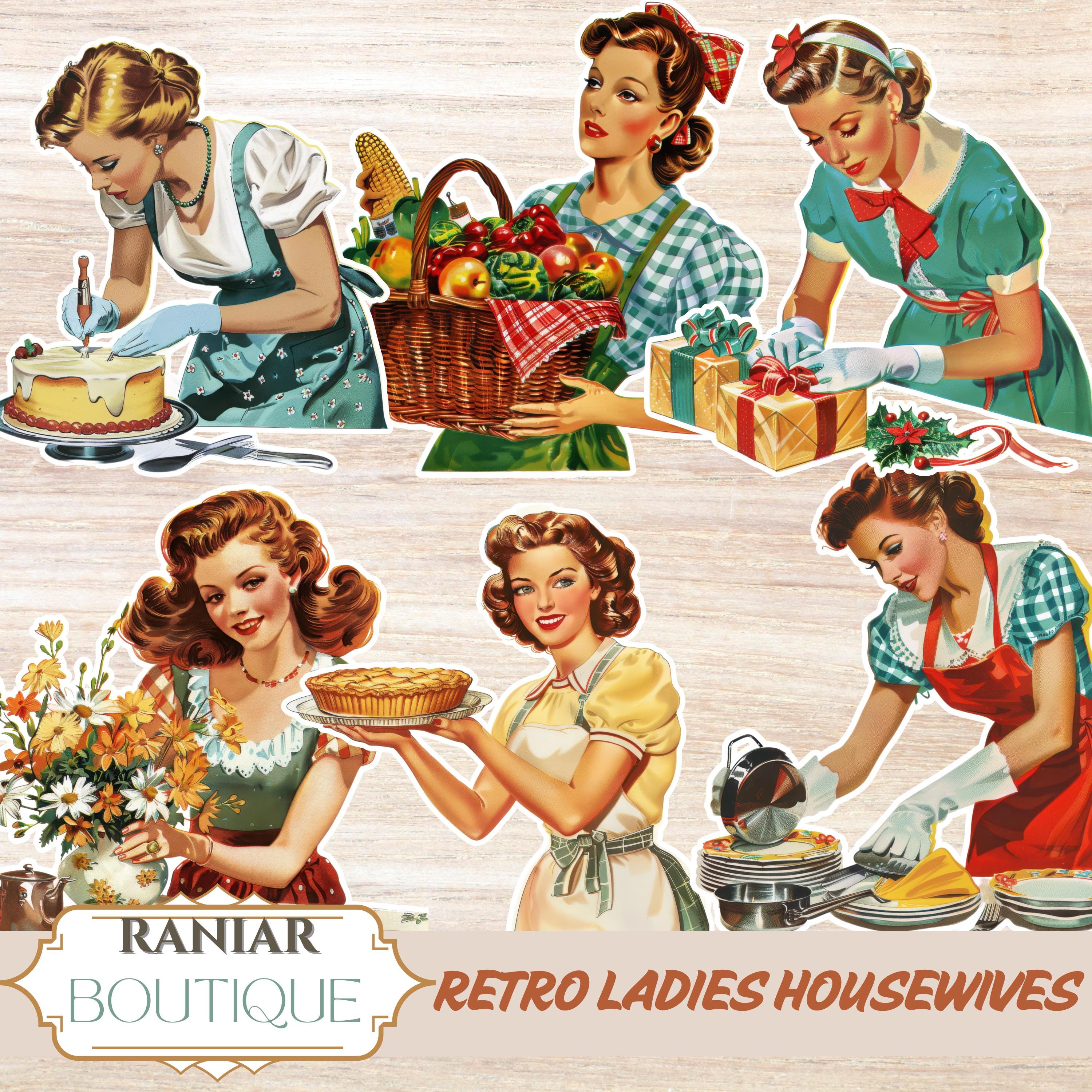 1950s Housewife Clipart: Retro Women Illustrations PNG Digital Downloa ...