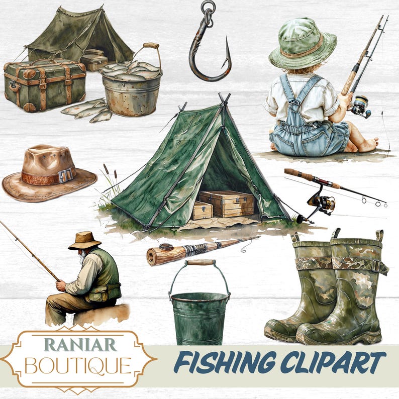 Fishing Watercolor Clipart Bundle: Rustic Junk Journal Graphics (173 ...