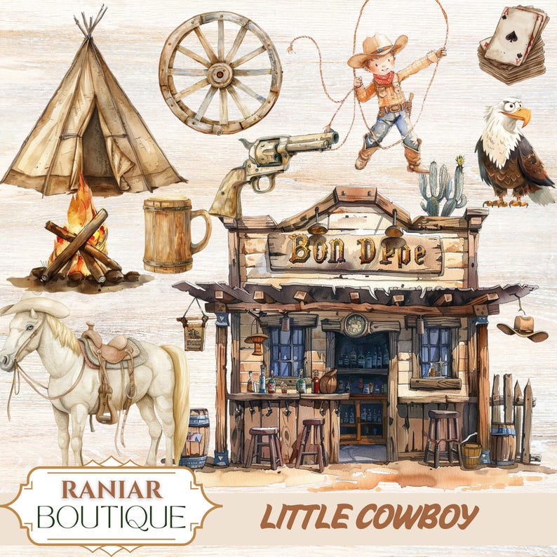 Watercolor Cowboy Clipart Set: Wild West Graphics (91 Pngs) (digital ...