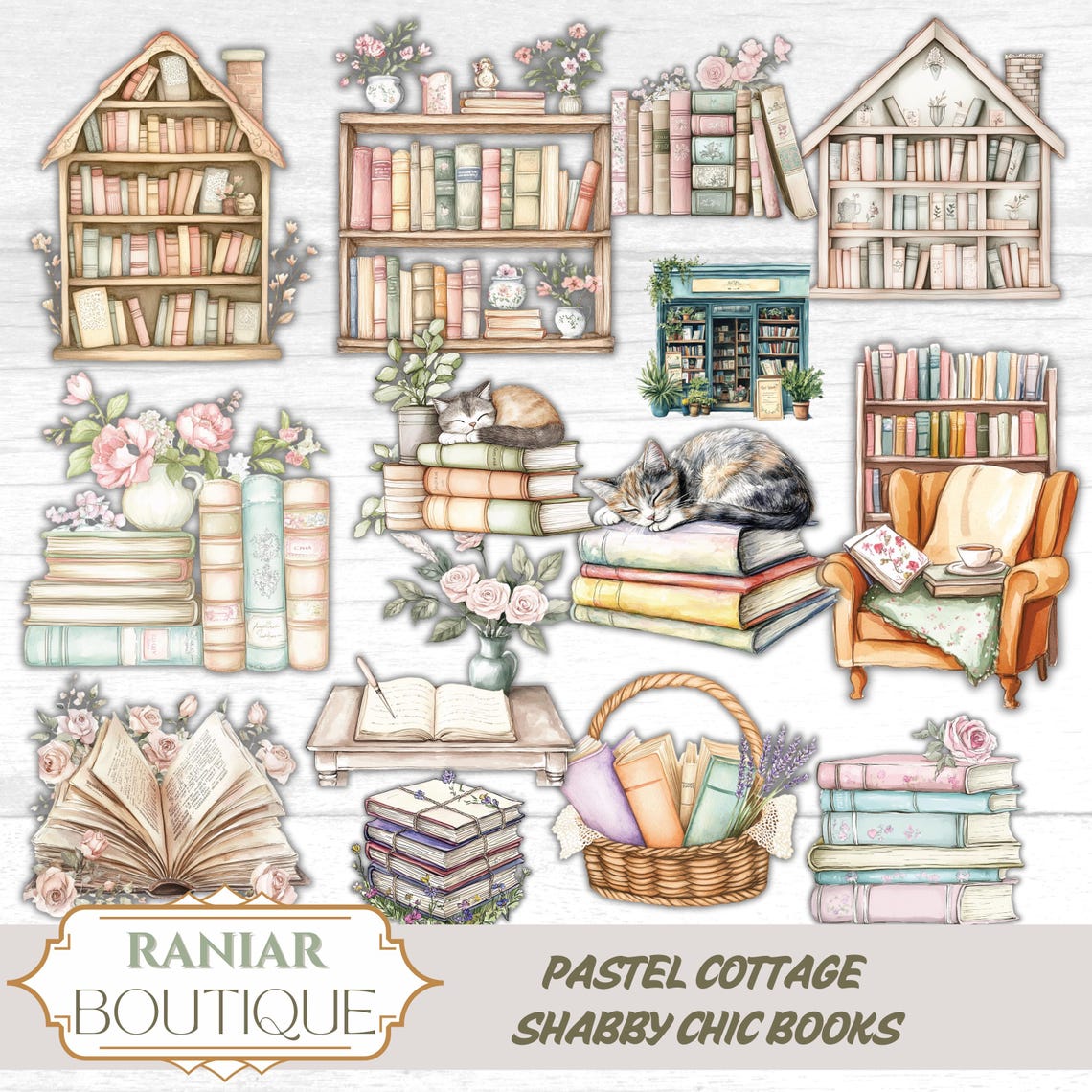 Pastel Cottage Printable, Shabby Chic Clipart, Book Lover Graphics ...