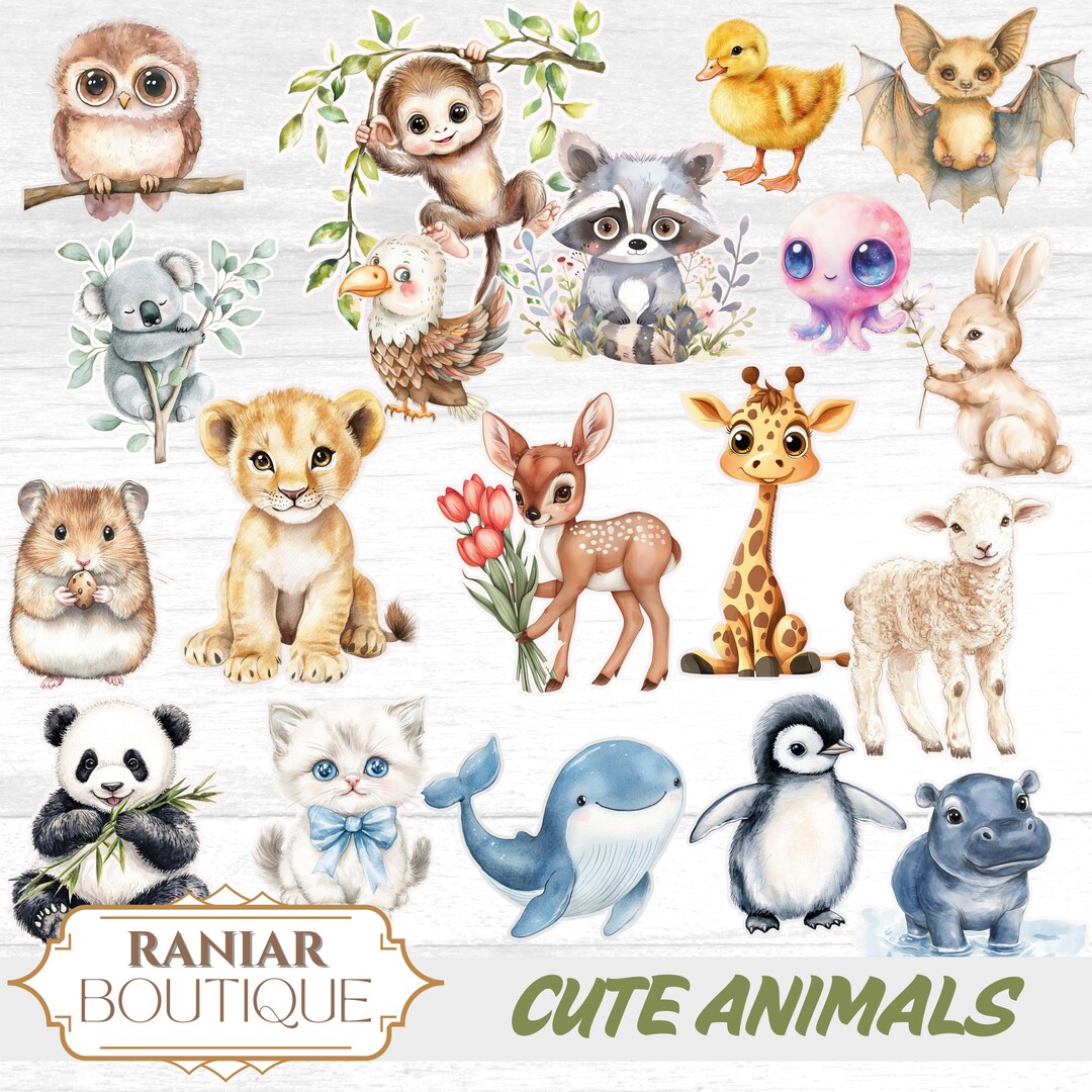 Watercolor Cute Animals Clipart , Cute Animal Clipart , Jungle Animal ...