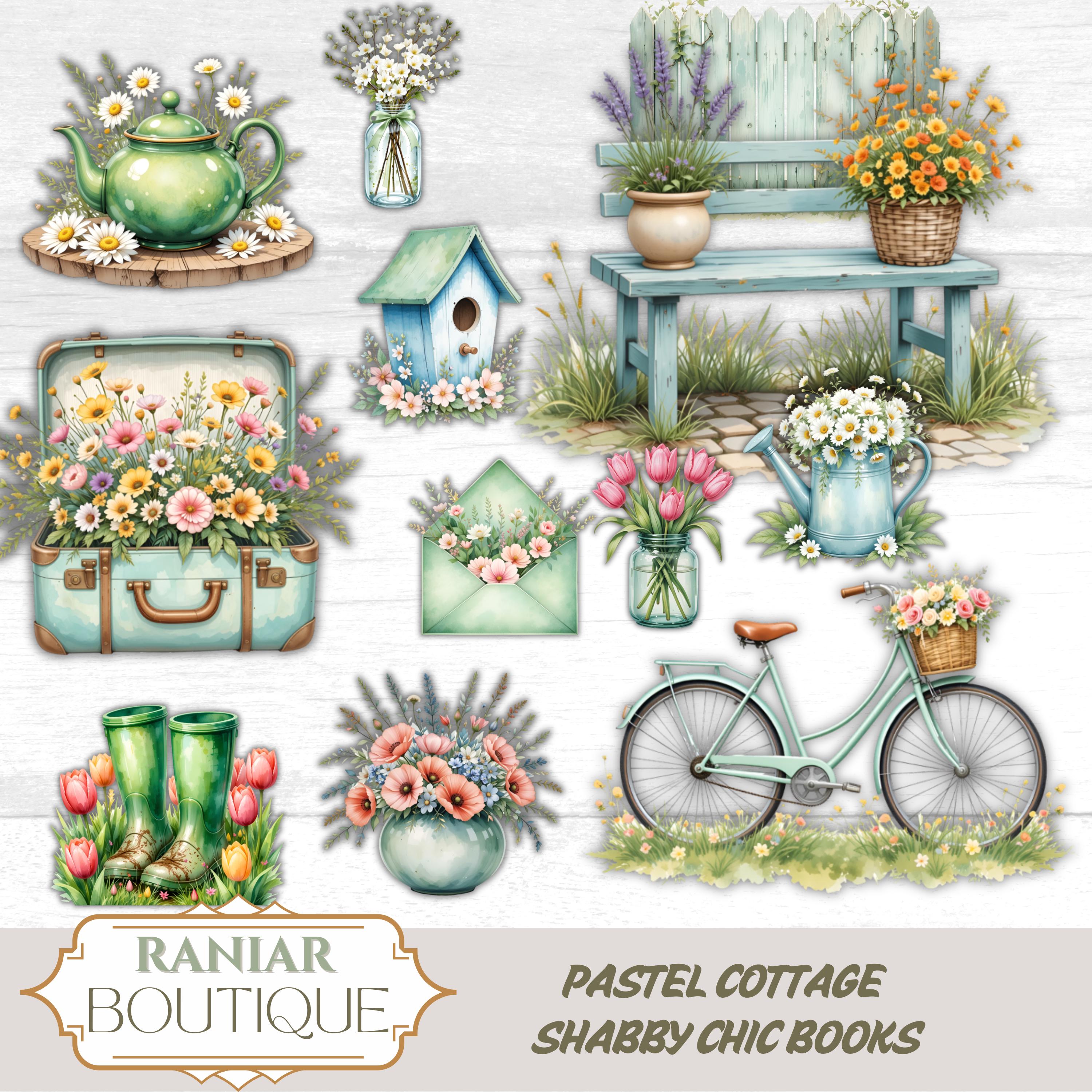 Pastel Cottage Printable, Shabby Chic Clipart, Book Lover Graphics ...
