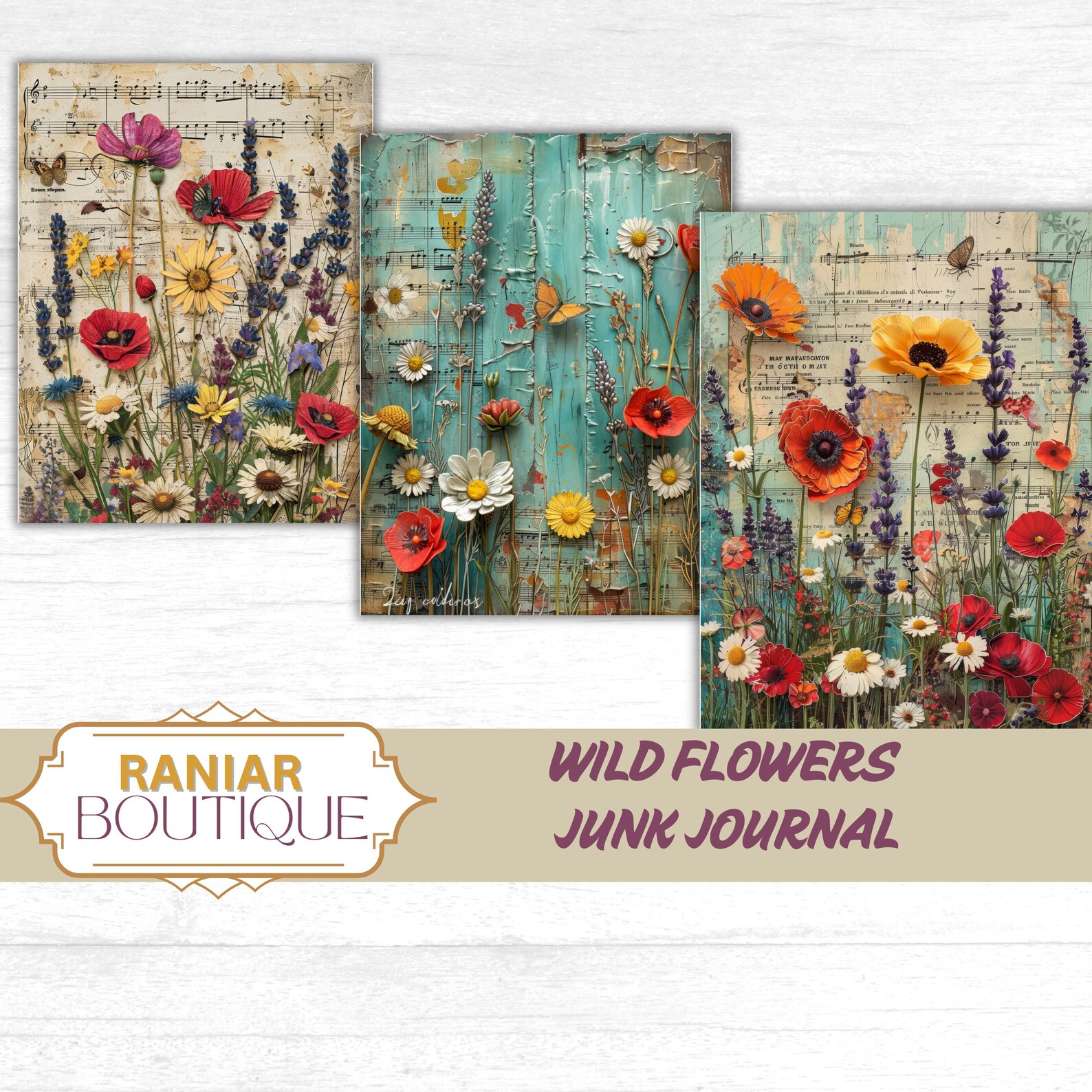 Wildflower Junk Journal Paper,garden Wildflowers Journal Kit,wildflower ...