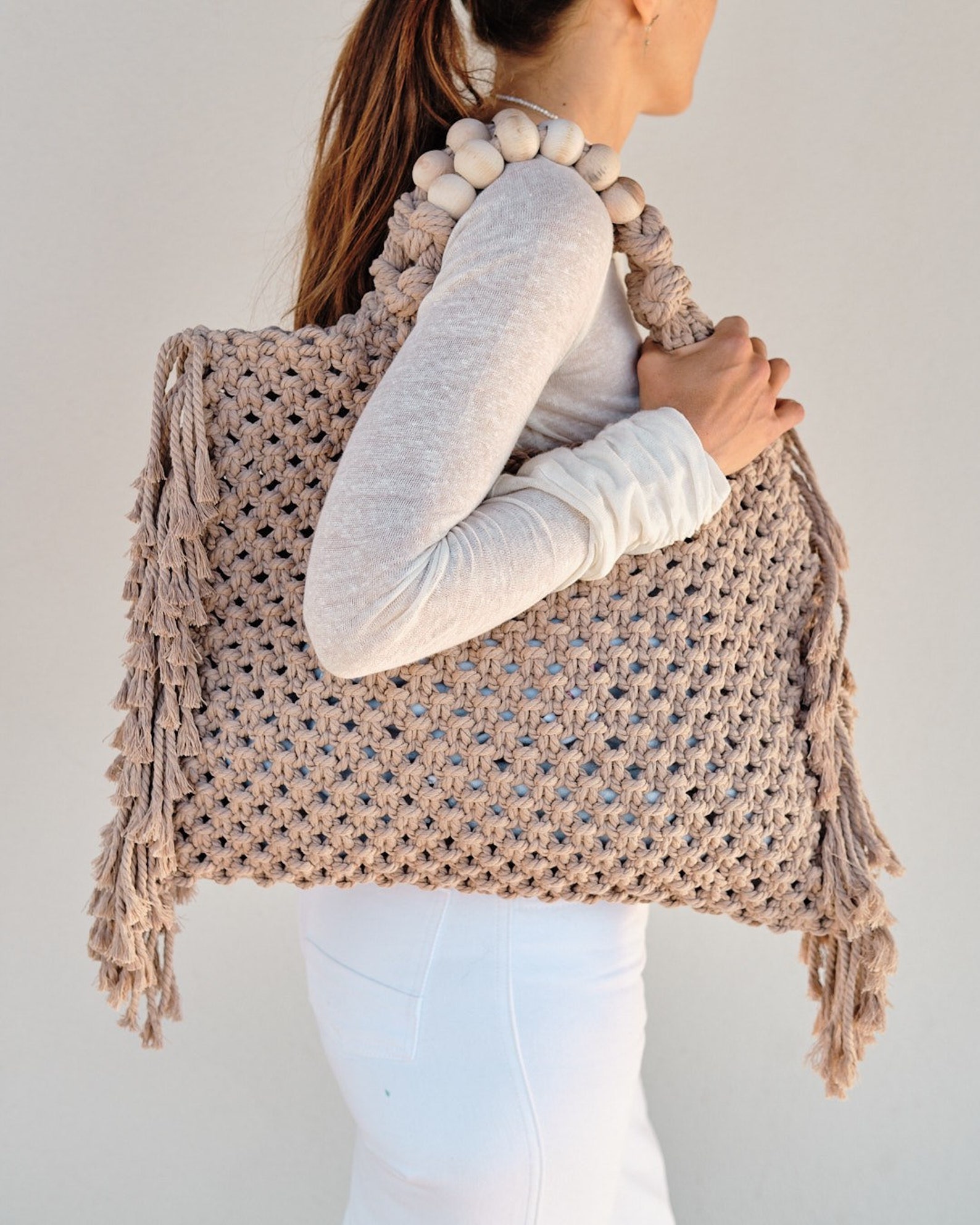 Macrame Beach Bag Macrame Bag Latte Color Beach Bag Summer | Etsy