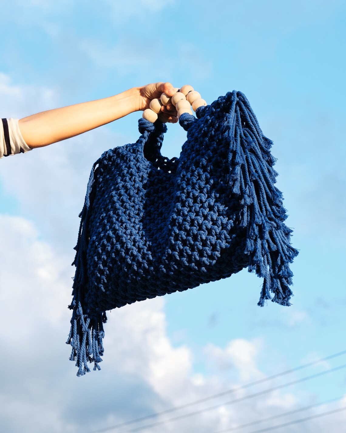 Summer Bag Macrame Beach Bag Blue Summer Bag Wooden Handle | Etsy