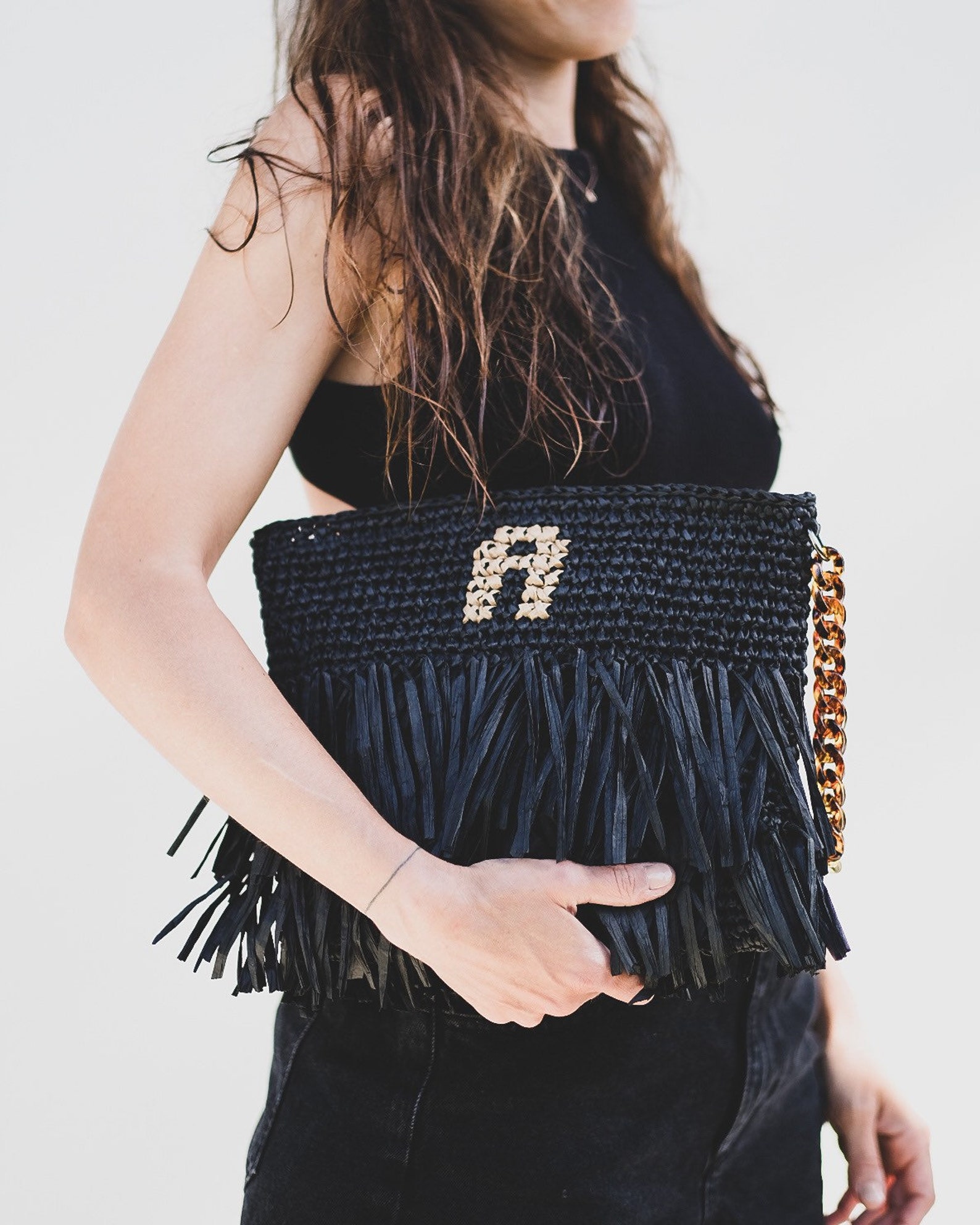 Black Straw Fringe Personalized Summer Purse or clutch with | Etsy