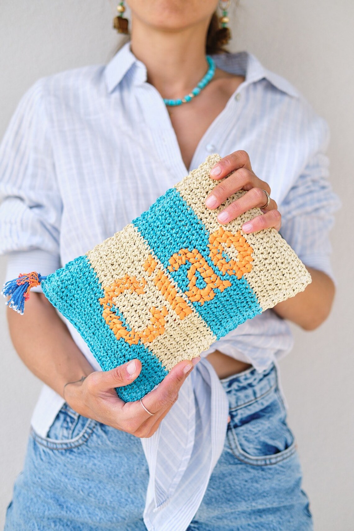 CIAO clutch stripe straw purse straw ciao purse blue stripe | Etsy