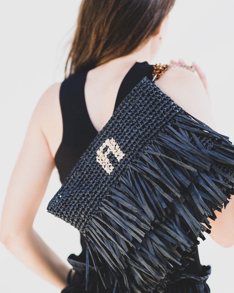 Black Straw Fringe Personalized Summer Purse or clutch with | Etsy