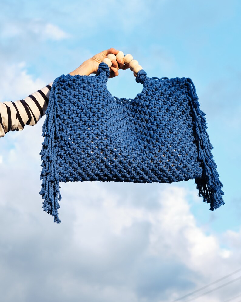 Summer Bag Macrame Beach Bag Blue Summer Bag Wooden Handle - Etsy