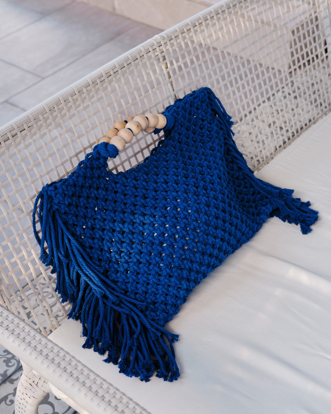 Summer Bag Macrame Beach Bag Blue Summer Bag Wooden Handle | Etsy