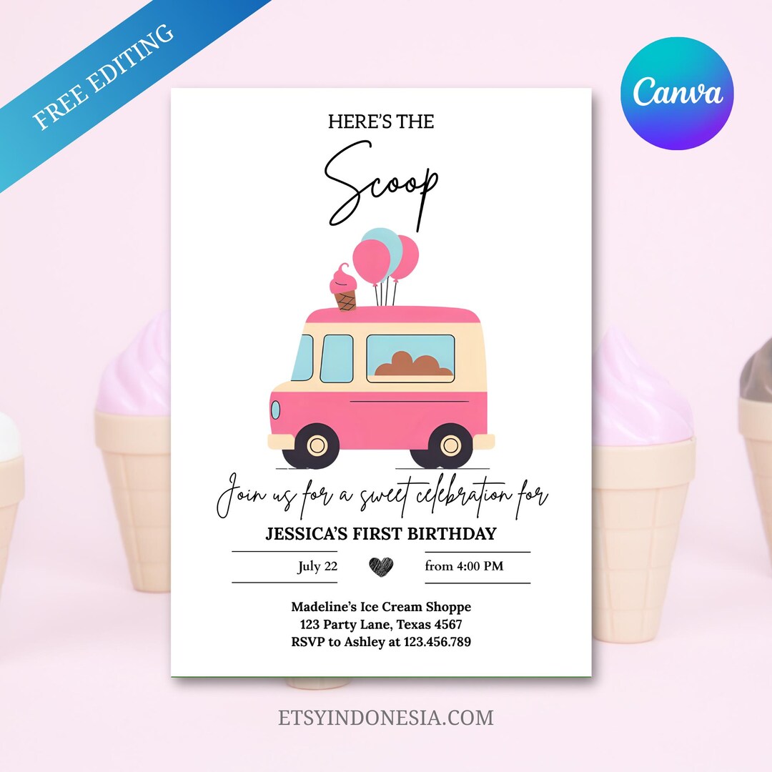 The Scoop Ice Cream Truck Invitation, Editable Canva Birthday Card ...