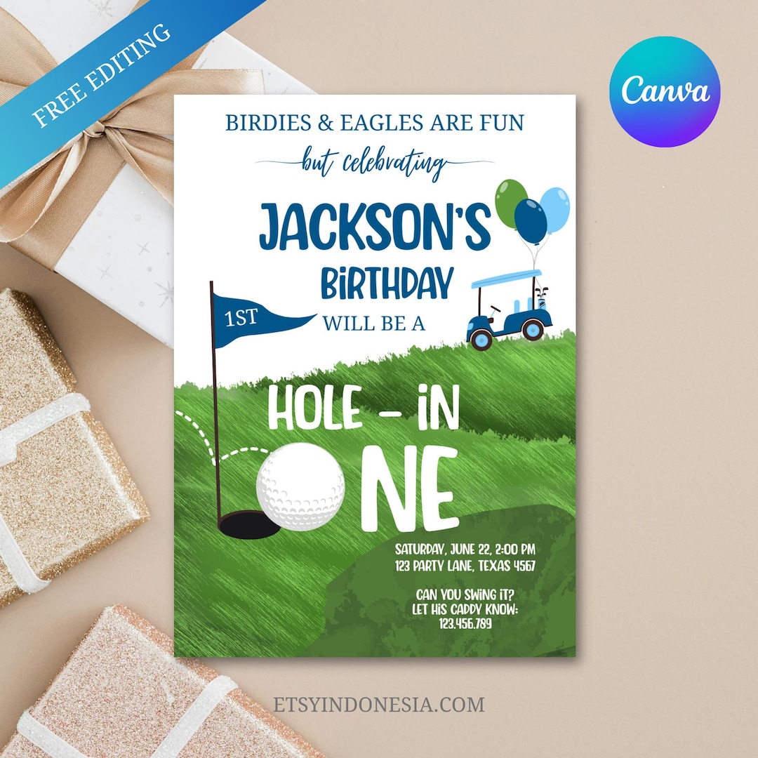 Golf First Birthday Invitation, Editable Canva Template, Hole in One ...