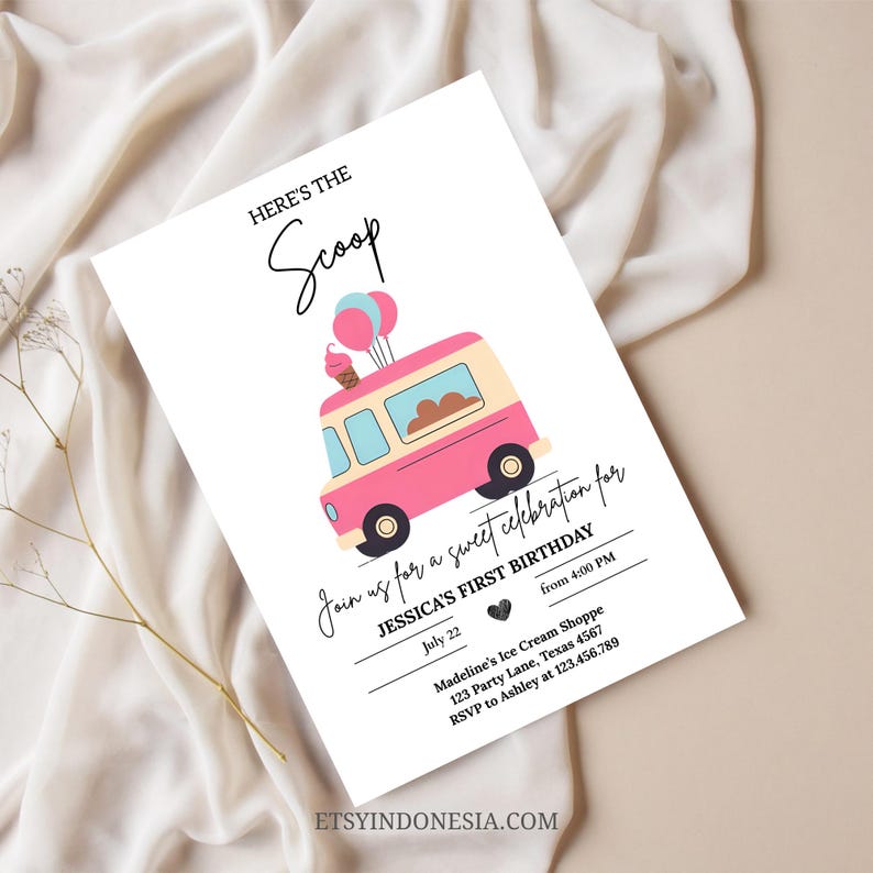 The Scoop Ice Cream Truck Invitation, Editable Canva Birthday Card ...