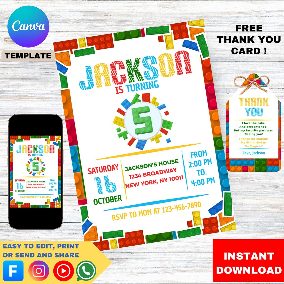 Building Blocks Birthday Invitation | Building Bricks Kids Birthday ...