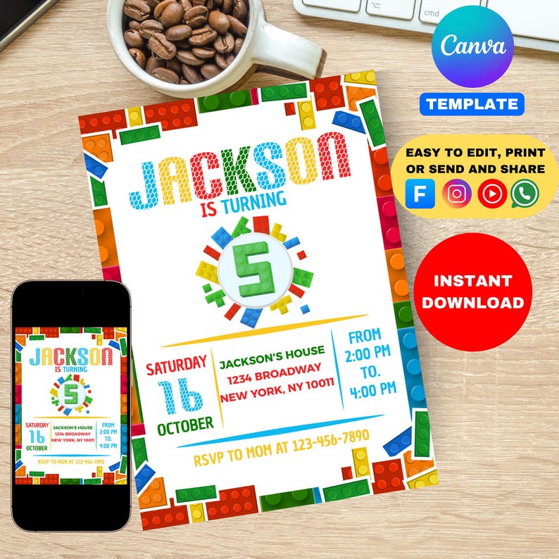 Building Blocks Birthday Invitation | Building Bricks Kids Birthday ...