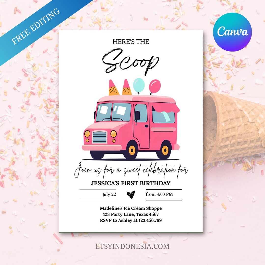 The Scoop Ice Cream Truck Invitation, Editable Canva Birthday Card ...