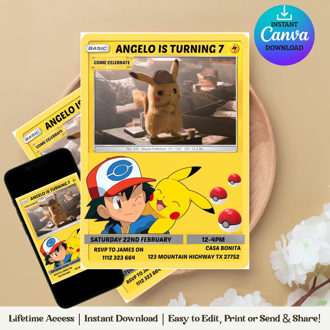 Editable Pokemon Birthday Invitation, Pikachu Party Invite, Digital ...