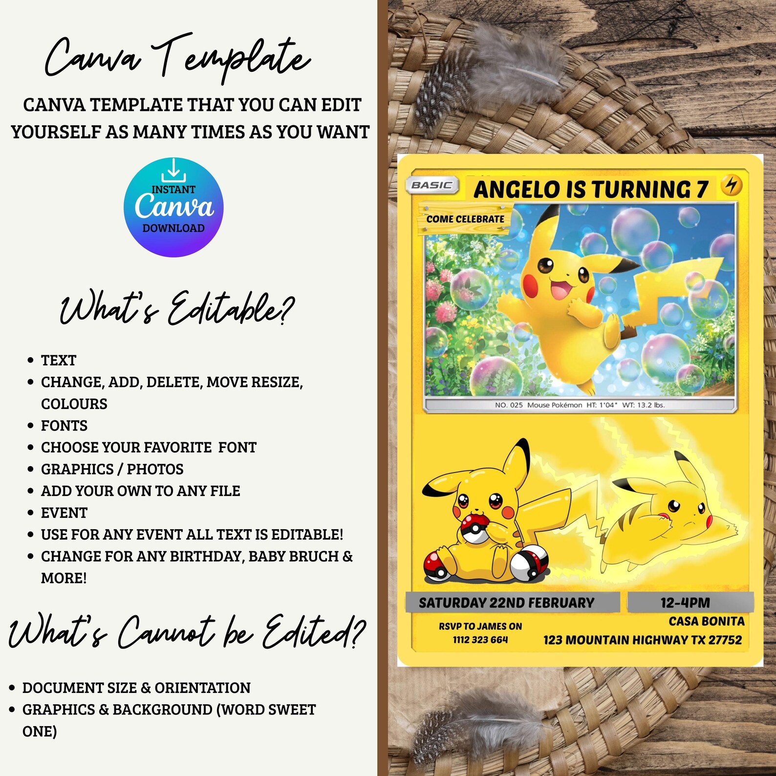 Pikachu Birthday Invitation, Pokemon Party Invitation, Editable Canva ...