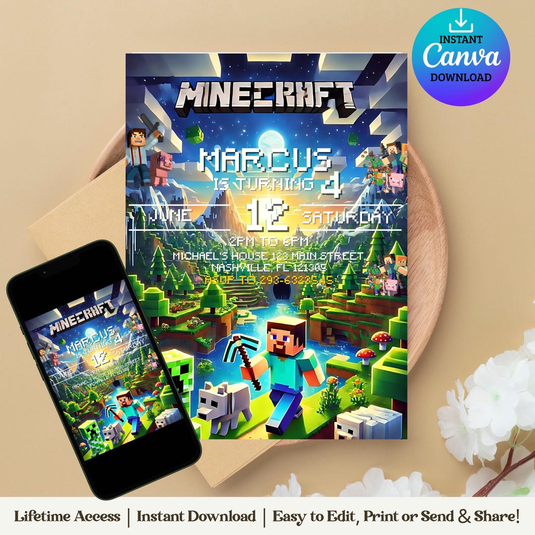 Editable Minecraft Party Invite, Pixel Style Birthday Invitation, Canva ...