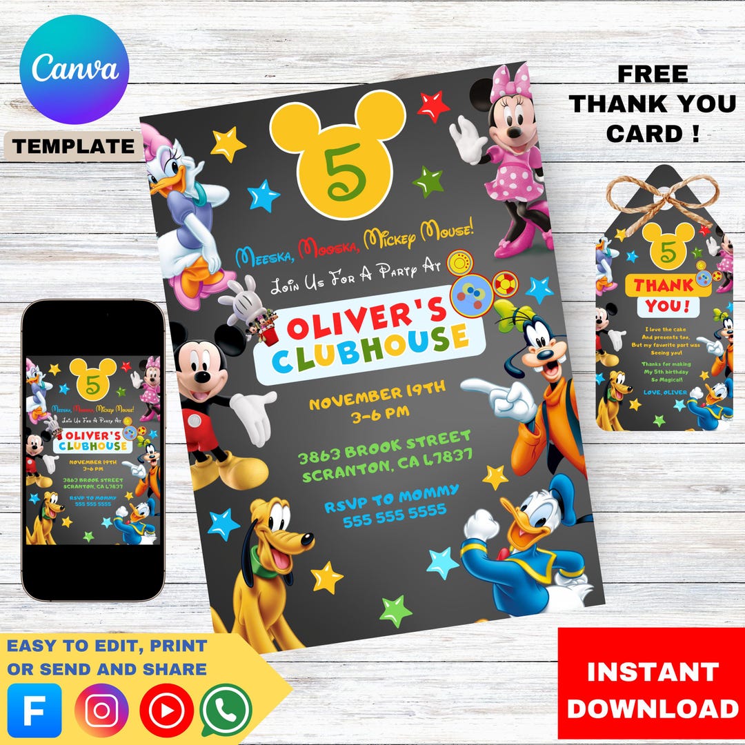 Mickey Clubhouse Birthday Invitation, Editable Canva Template, Mickey ...