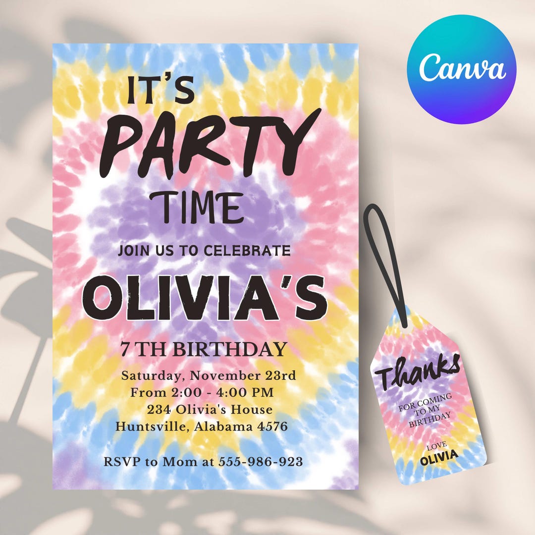 Editable Tie Dye Invitation, Rainbow Birthday Party Invite, Tie-dye ...