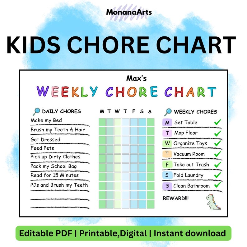 Printable Kid Chore Chart With Dinosaur | Kids Daily Weekly ...