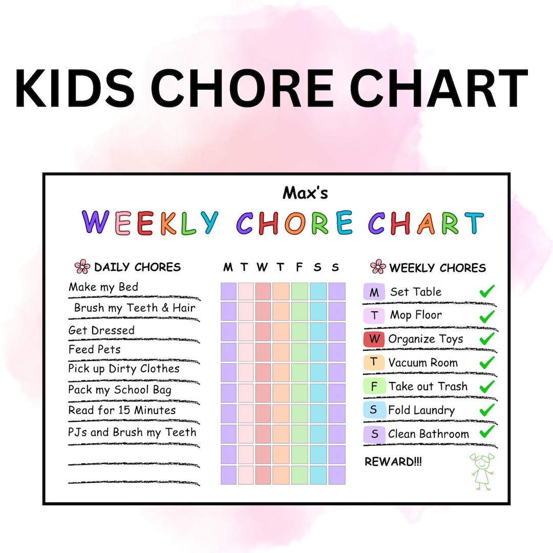 Printable Kids Chore Chart for Girl | Kids Daily Weekly Responsibility ...