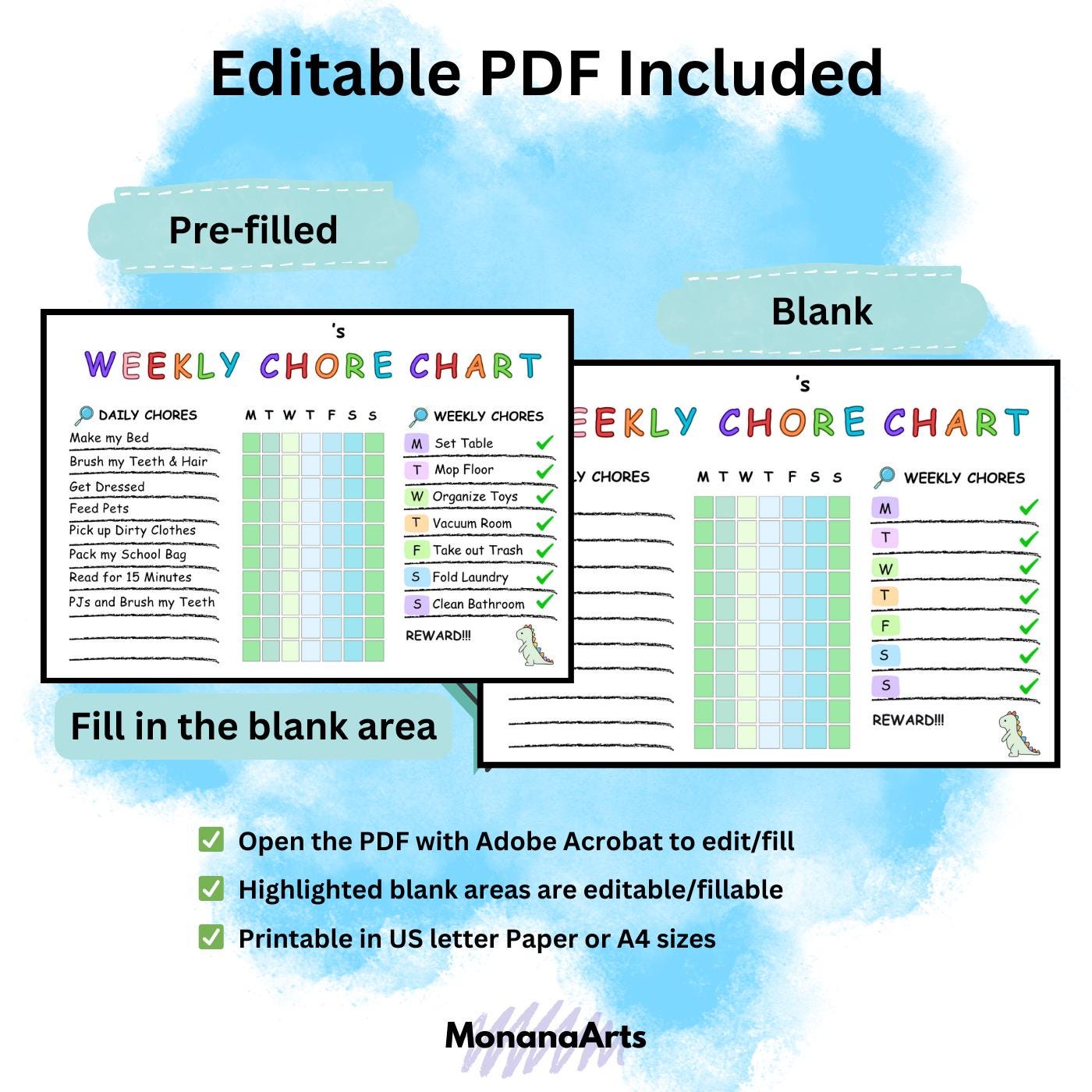 Printable Kid Chore Chart With Dinosaur | Kids Daily Weekly ...