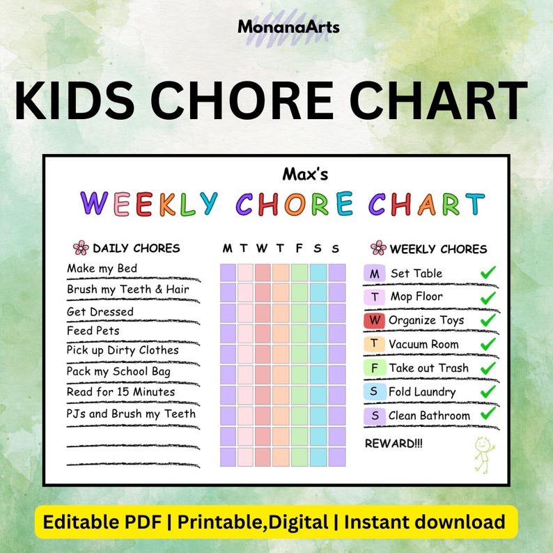 Printable Kids Chore Chart for Boy | Kids Daily Weekly Responsibility ...