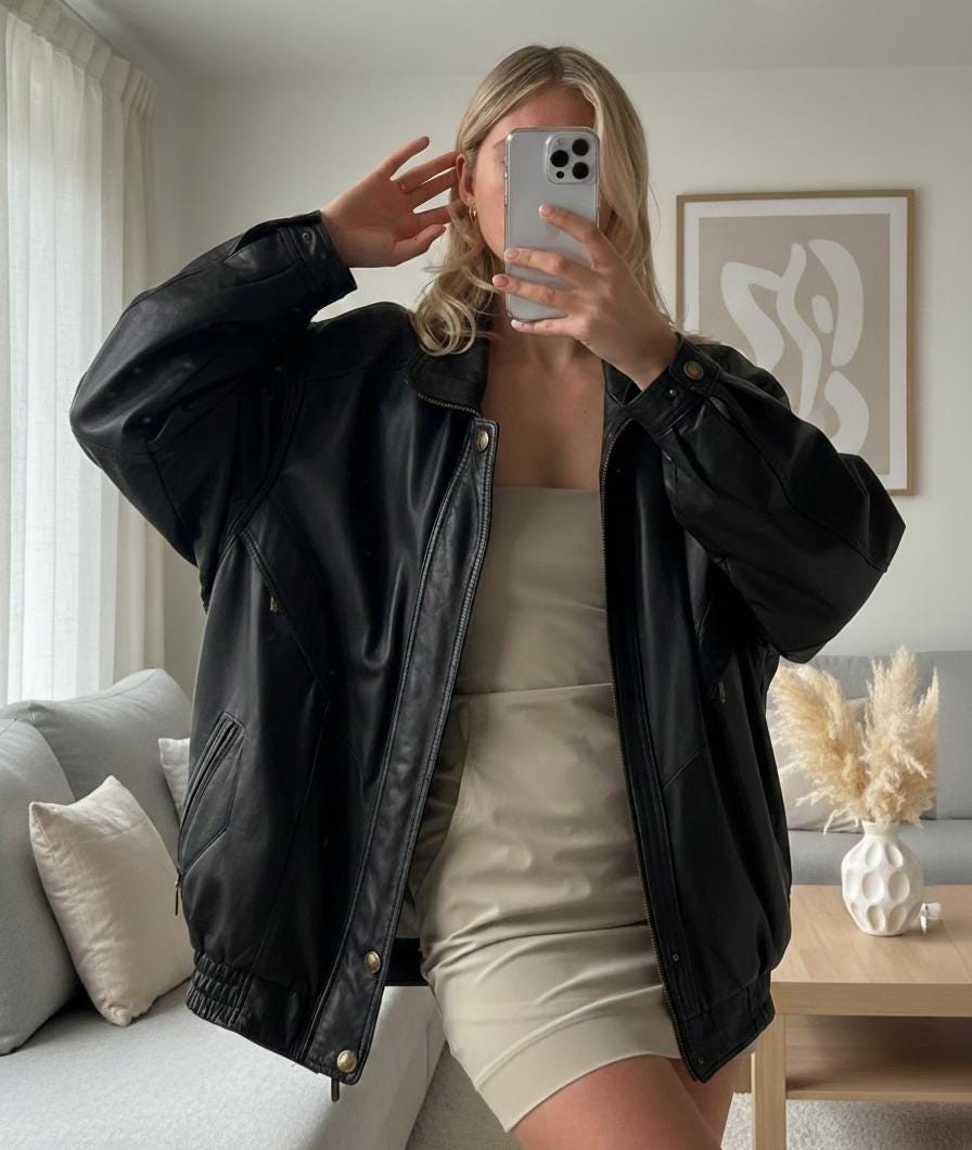 Oversized Black Leather Bomber Jacket: Women's Full Grain Sheep Leather ...