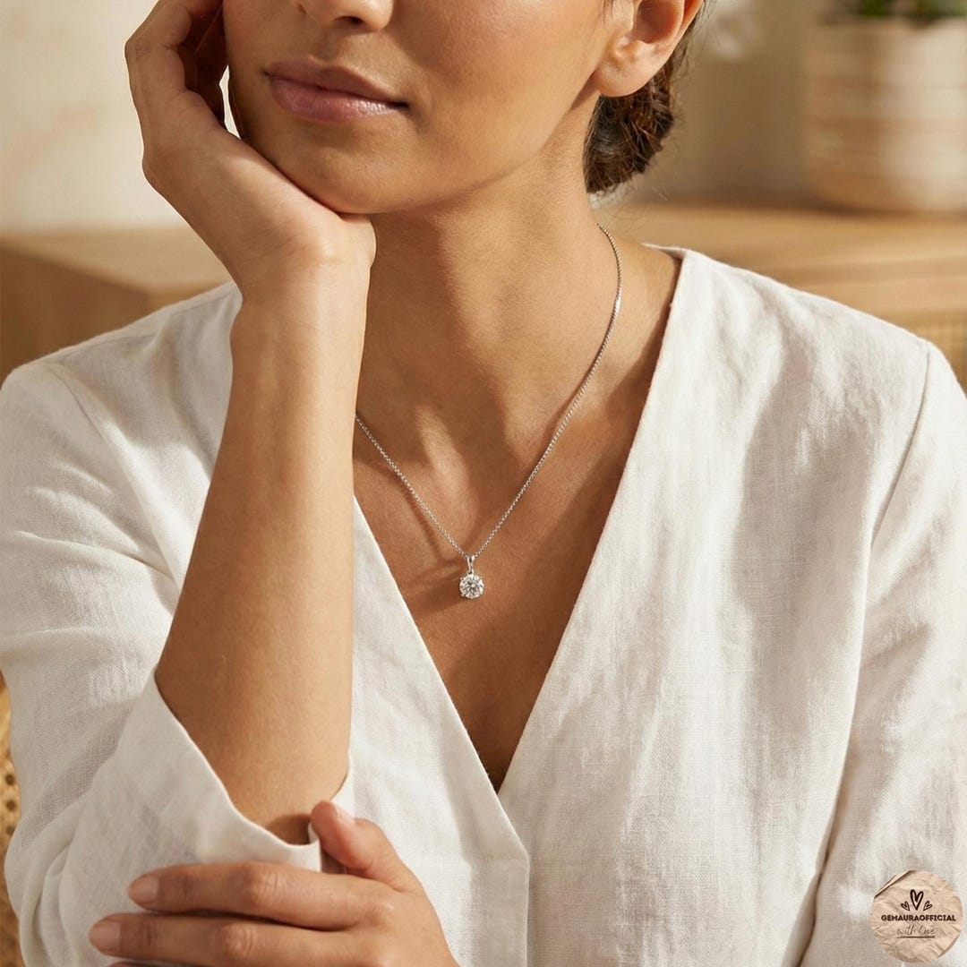 Sterling Silver Round Cut Solitaire Necklace, Diamond Simulant Pendant - Etsy