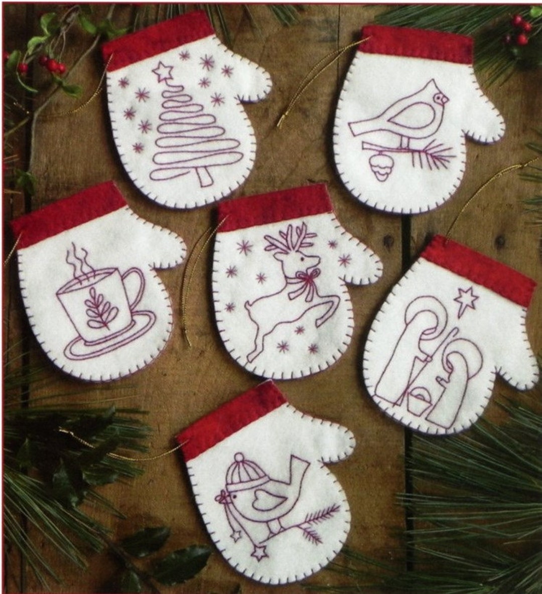 Redwork Embroidery Pattern and Kit, Redwork Mittens, Christmas Mitten ...