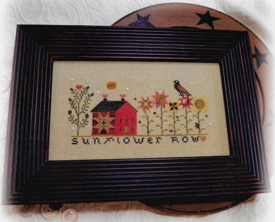 Counted Cross Stitch, Sunflower Row, Primitive Crow, Sunflowers, Fall ...