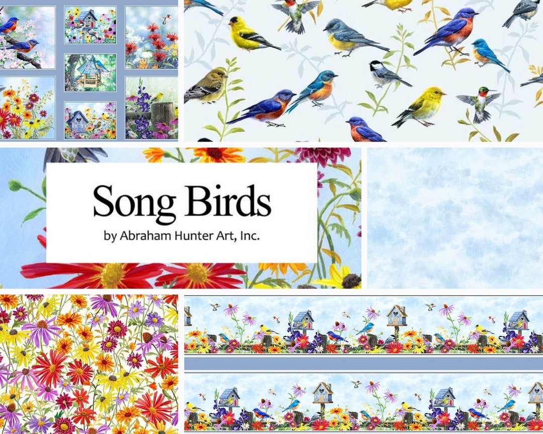 Quilt Fabric, Song Birds, Birdhouses, Bluebirds, Chickadees, Goldfinch ...