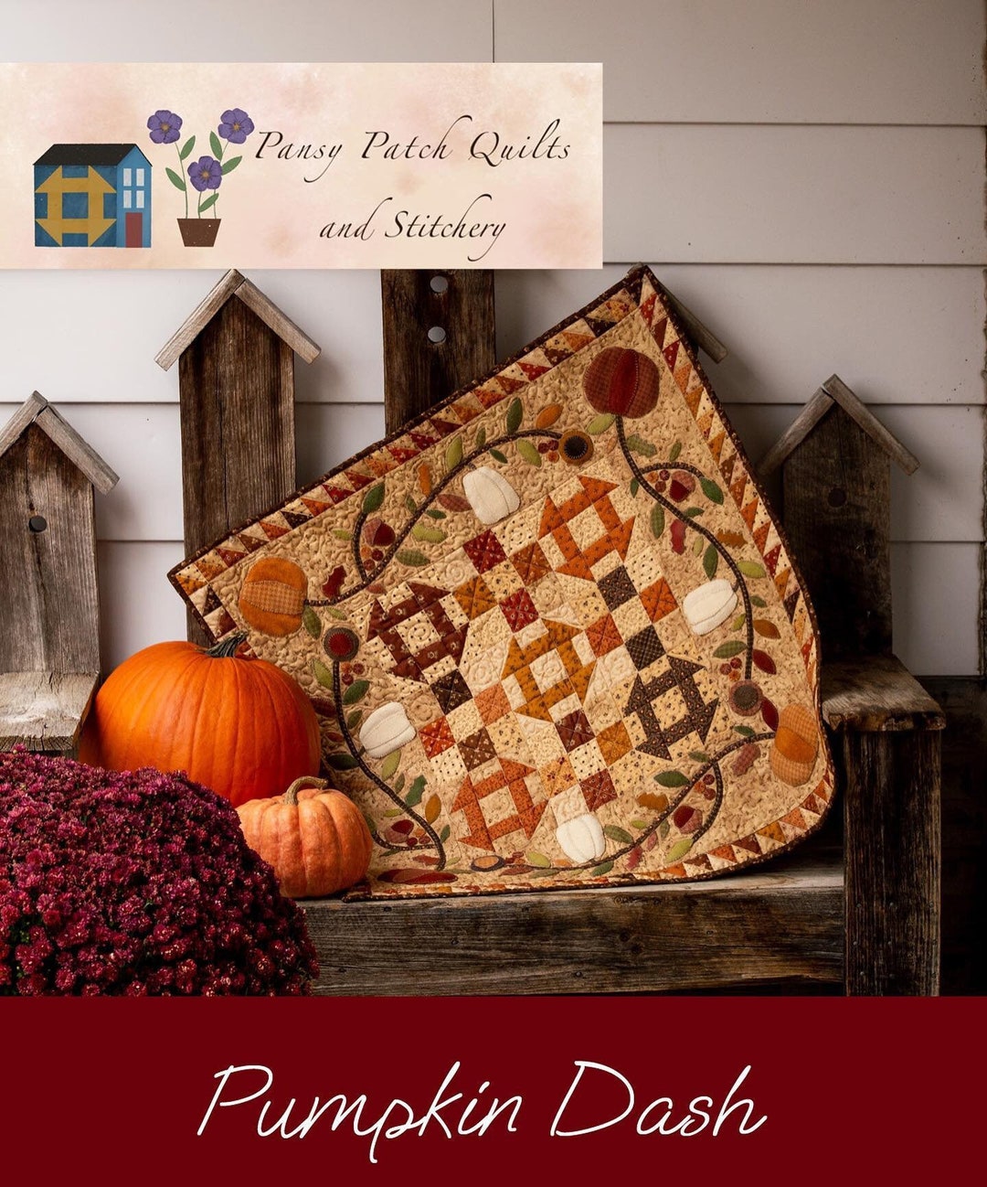 Quilt Pattern, Pumpkin Dash, Wool Applique, Acorns, Vines, Autumn Decor, Wall Hanging, Pansy ...