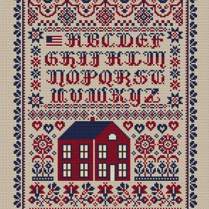 Counted Cross Stitch Pattern, Red House Patriotic Sampler, Independence ...