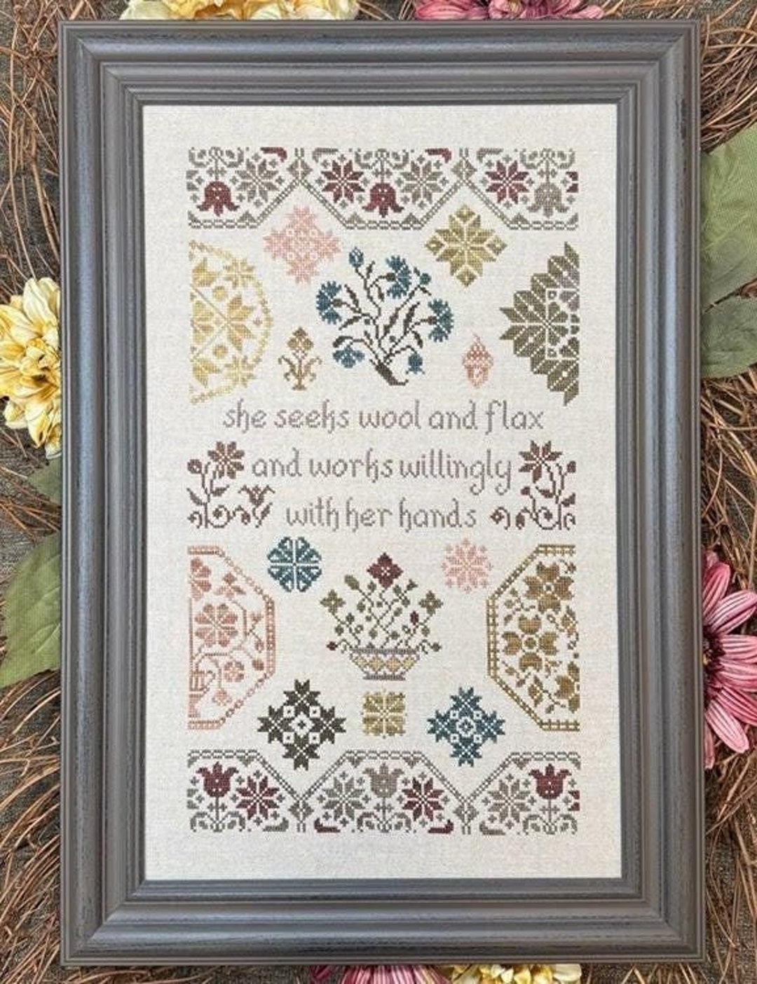 Counted Cross Stitch Pattern, Quaker Wool and Flax, Proverbs 31:13, Religious, Quaker Motifs ...