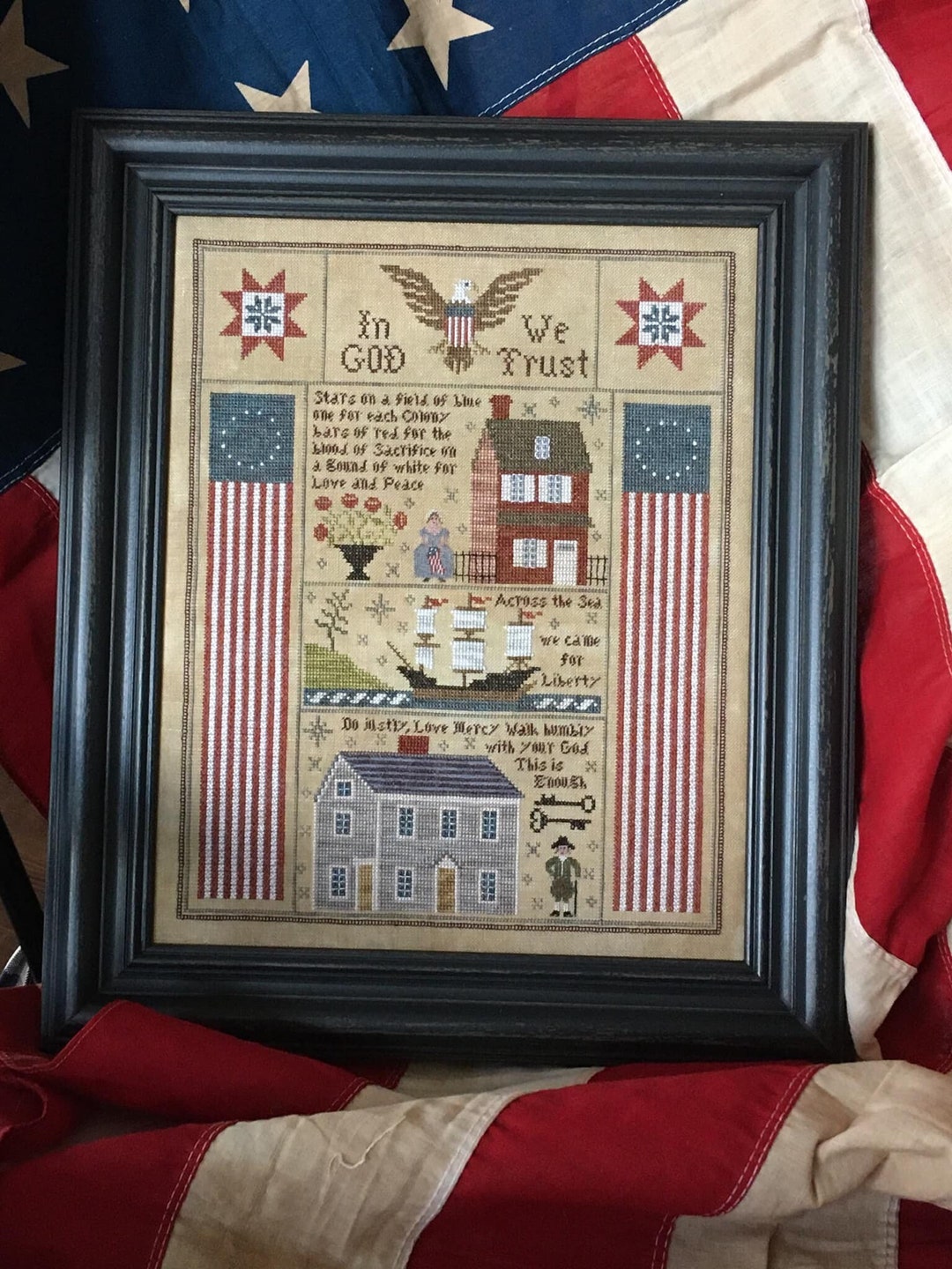 Counted Cross Stitch Pattern, Across the Sea, Patriotic Sampler, Americana, American Flag ...