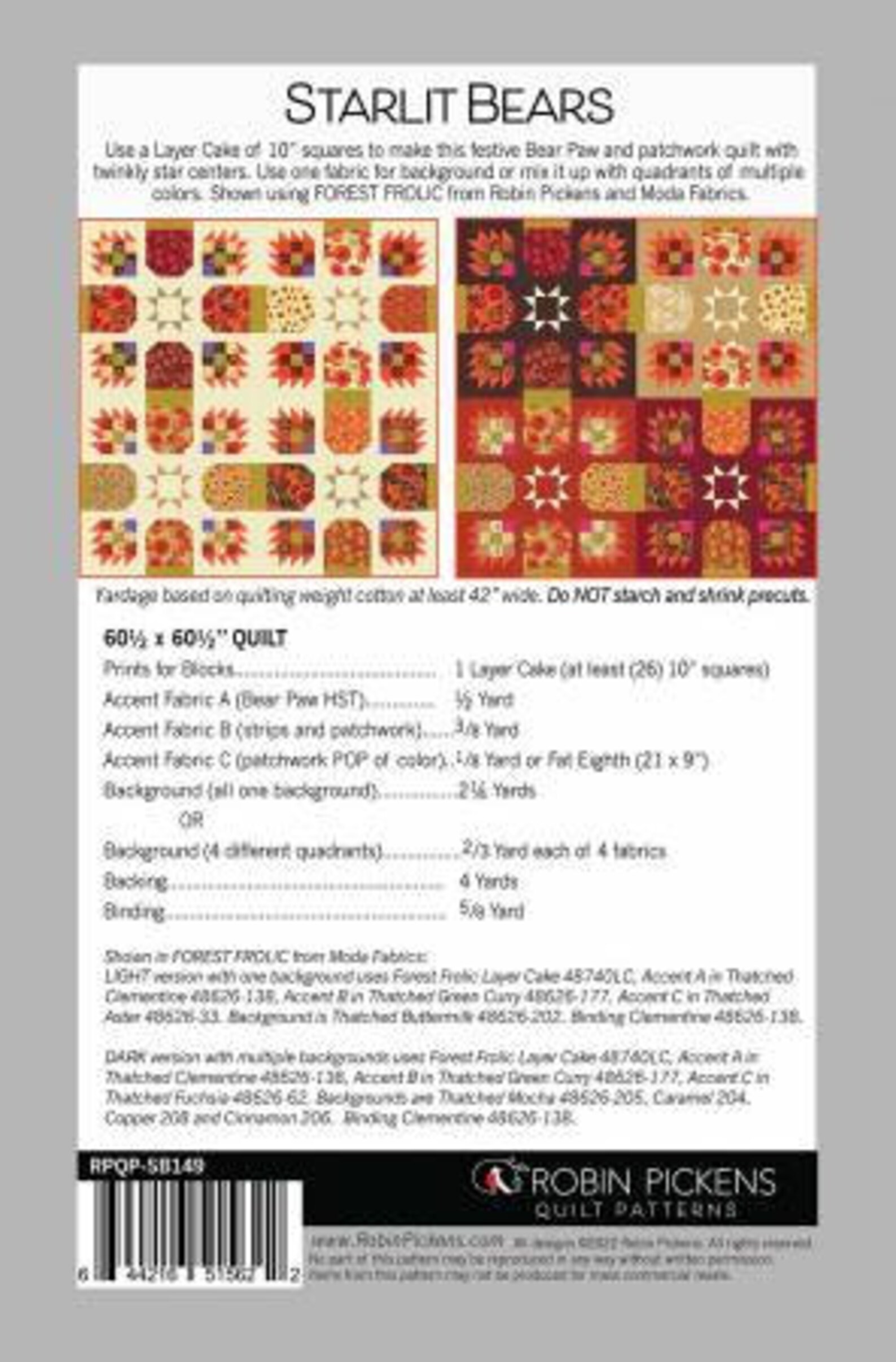 Quilt Pattern, Starlit Bears, Layer Cake Friendly, Autumn Decor, Bear ...