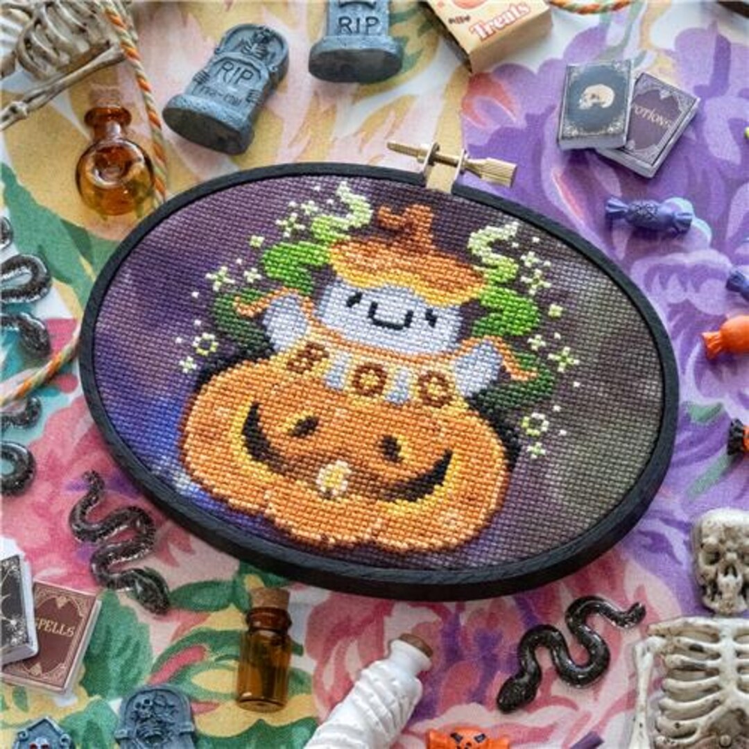 Counted Cross Stitch Pattern, Punk-a-boo, Cute Halloween Pumpkin, Ghost ...