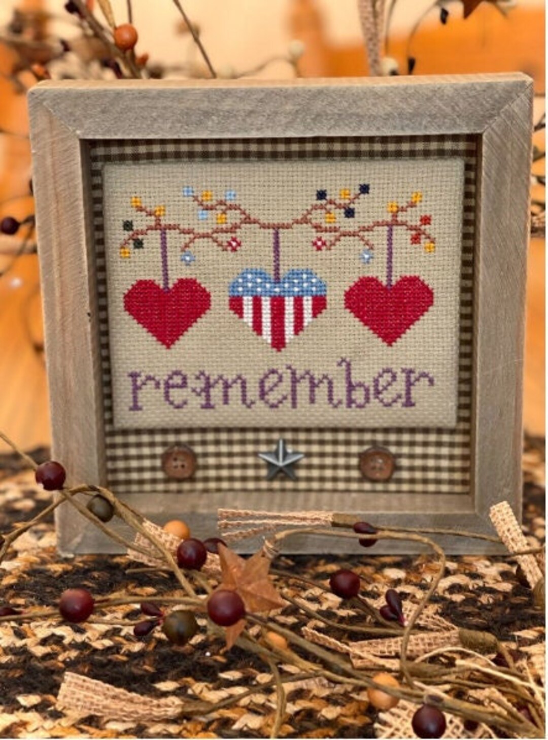 Counted Cross Stitch Pattern, Remember, Patriotic Sampler, Hearts ...