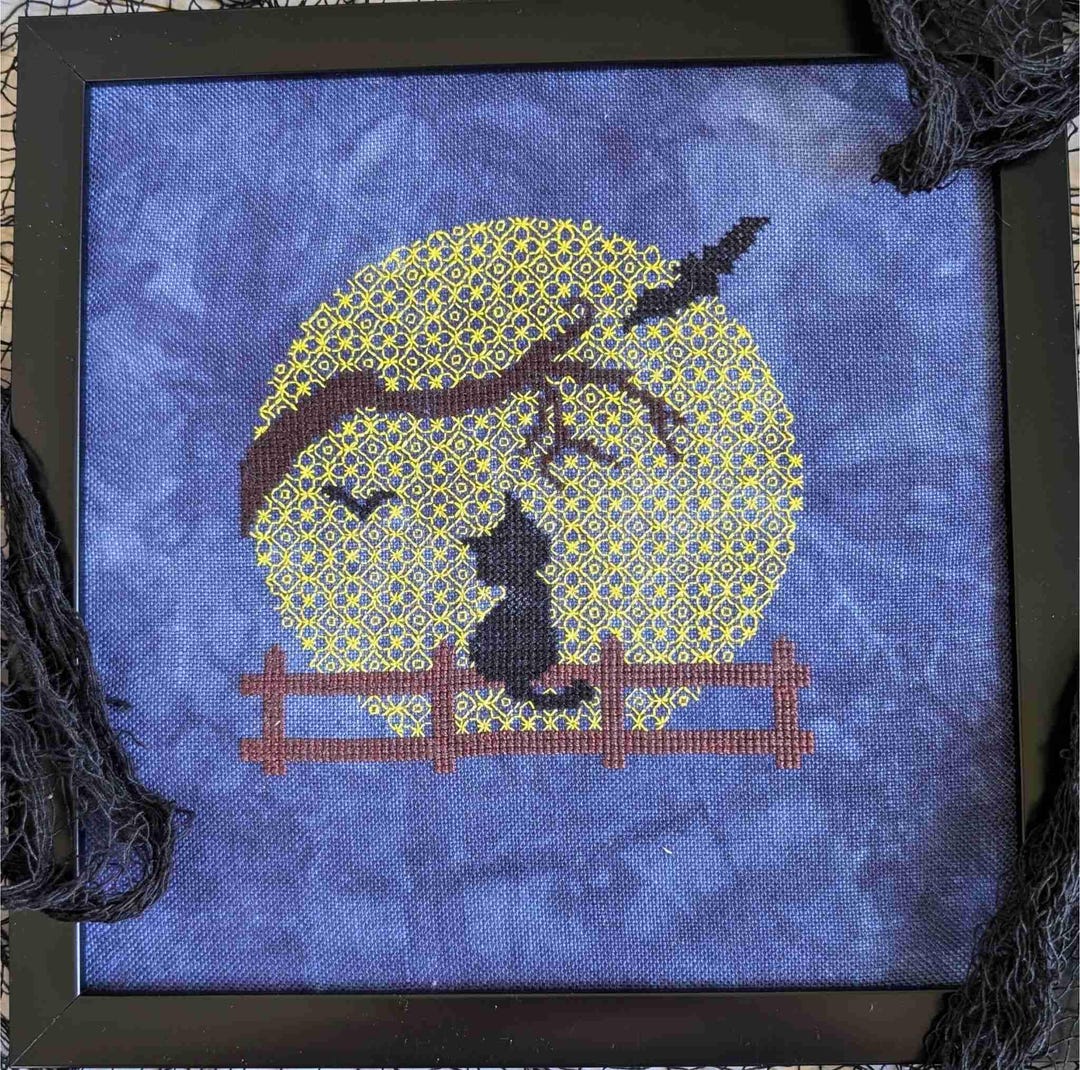 Counted Cross Stitch, Meow at the Moon, Halloween Decor, Bowl Filler ...