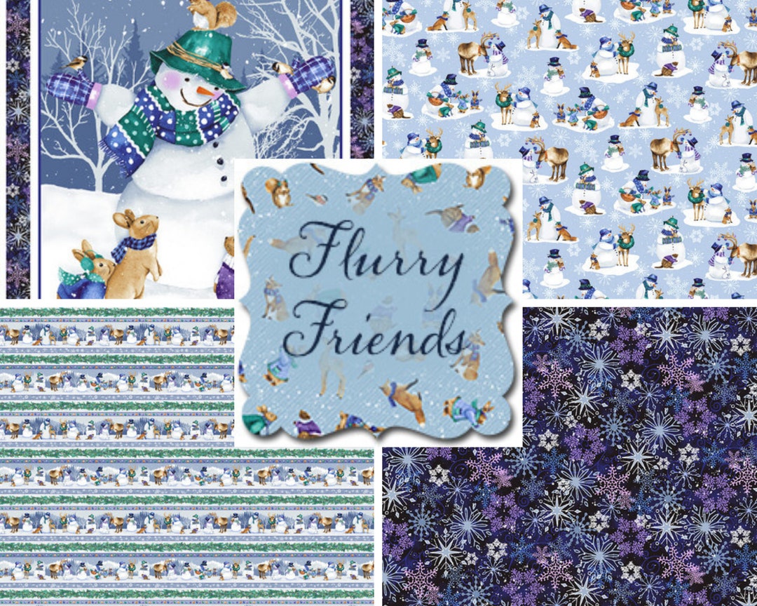 Quilt Fabric, Flurry Friends, Winter Snowmen, Snowflakes, Moose, Deer ...