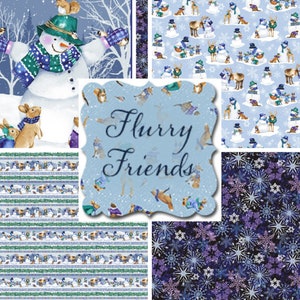 Quilt Fabric, Flurry Friends, Winter Snowmen, Snowflakes, Moose, Deer ...