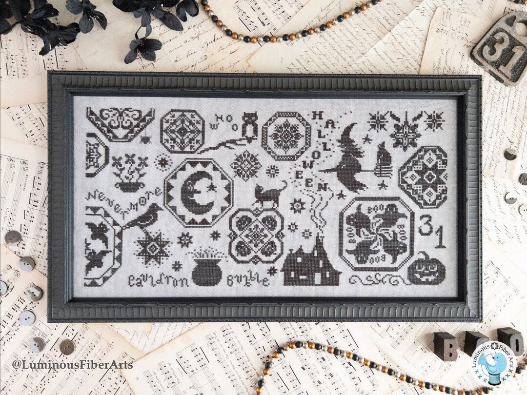 Cross Stitch Pattern, Enchanted Quaker, Halloween Decor, Crows, Cats ...