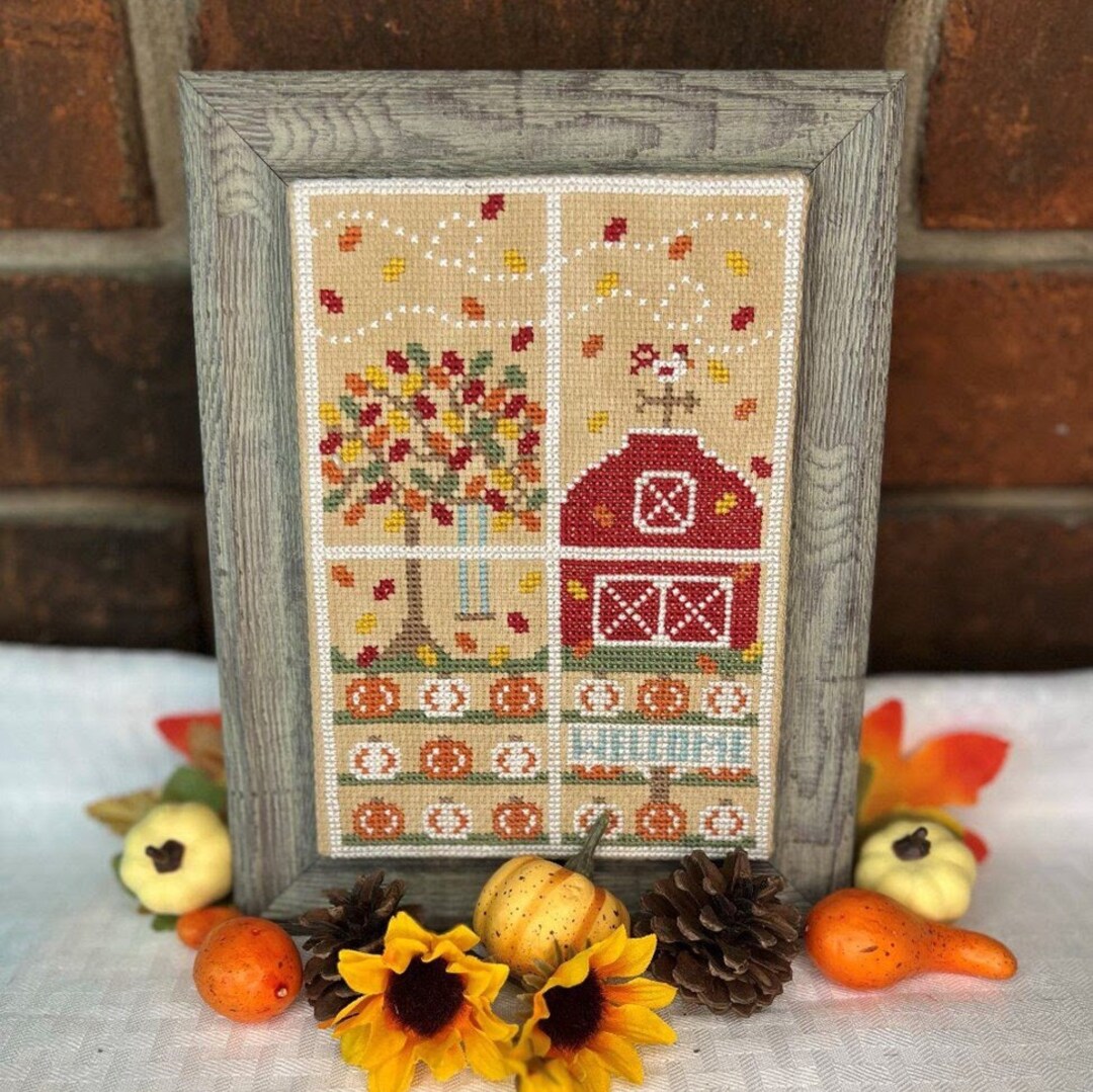 Counted Cross Stitch, Autumn Window, Autumn Decor, Colored Leaves, Barn, Pumpkin Patch, Small ...