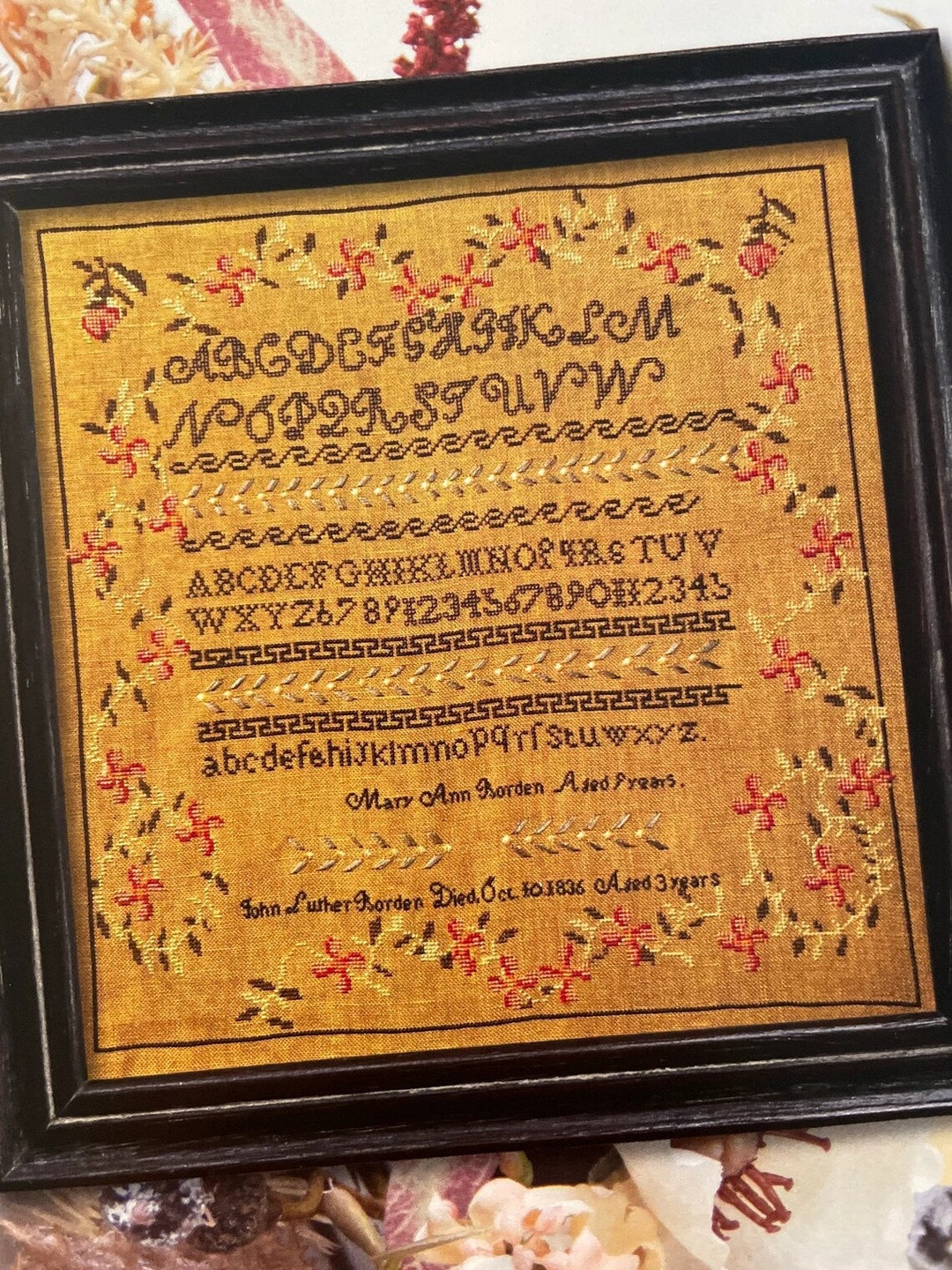 Counted Cross Stitch, Mary Ann Borden, Circa 1836, Flower Vine Motifs ...